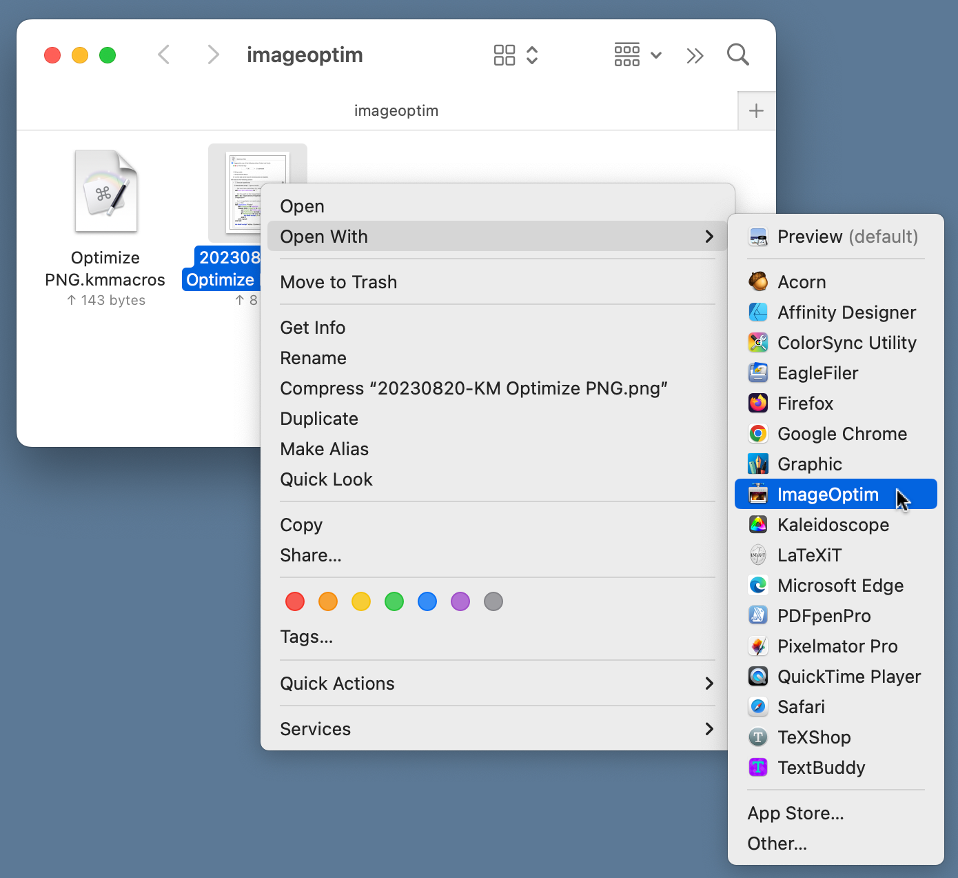 Reducing the size of PNGs with Keyboard Maestro, AppleScript, and ImageOptim - All this